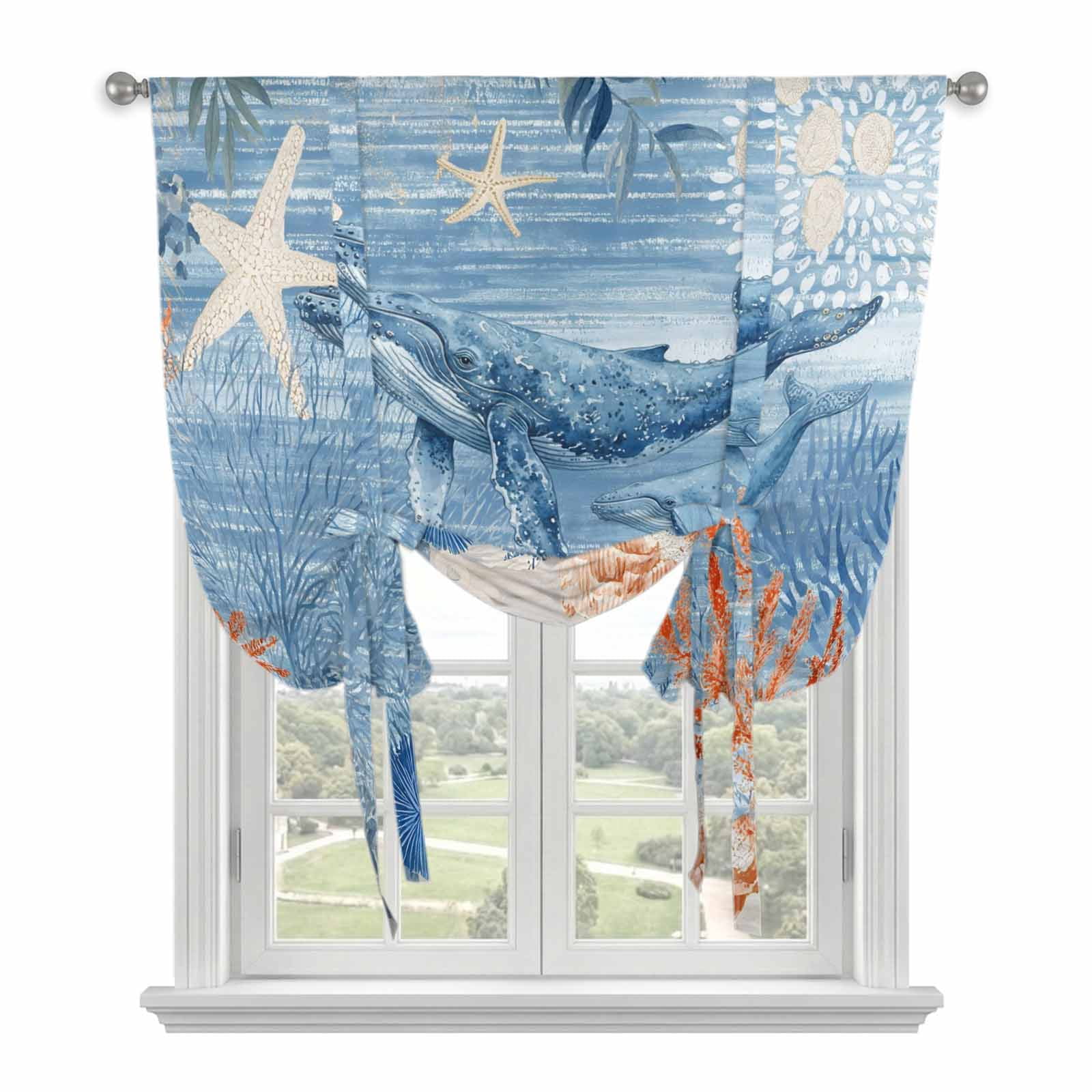 Blue Coastal Whale Tie Up Curtains for Window, Thermal Insulated ...
