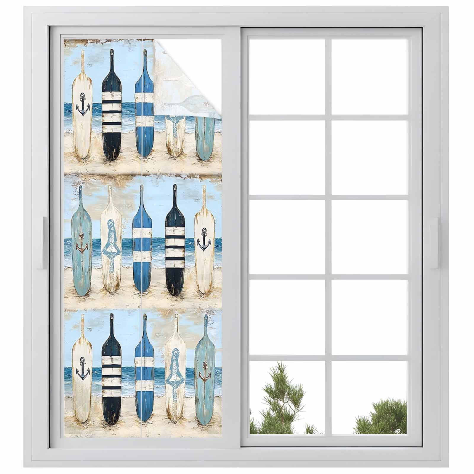 Blue Coastal Window Privacy Film, Ocean Nautical Anchor Wood Barn Beach ...