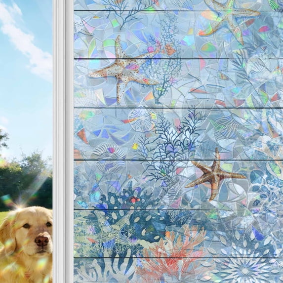 Blue Coastal Window Privacy Film Stain Glass,Reusable Decorative ...