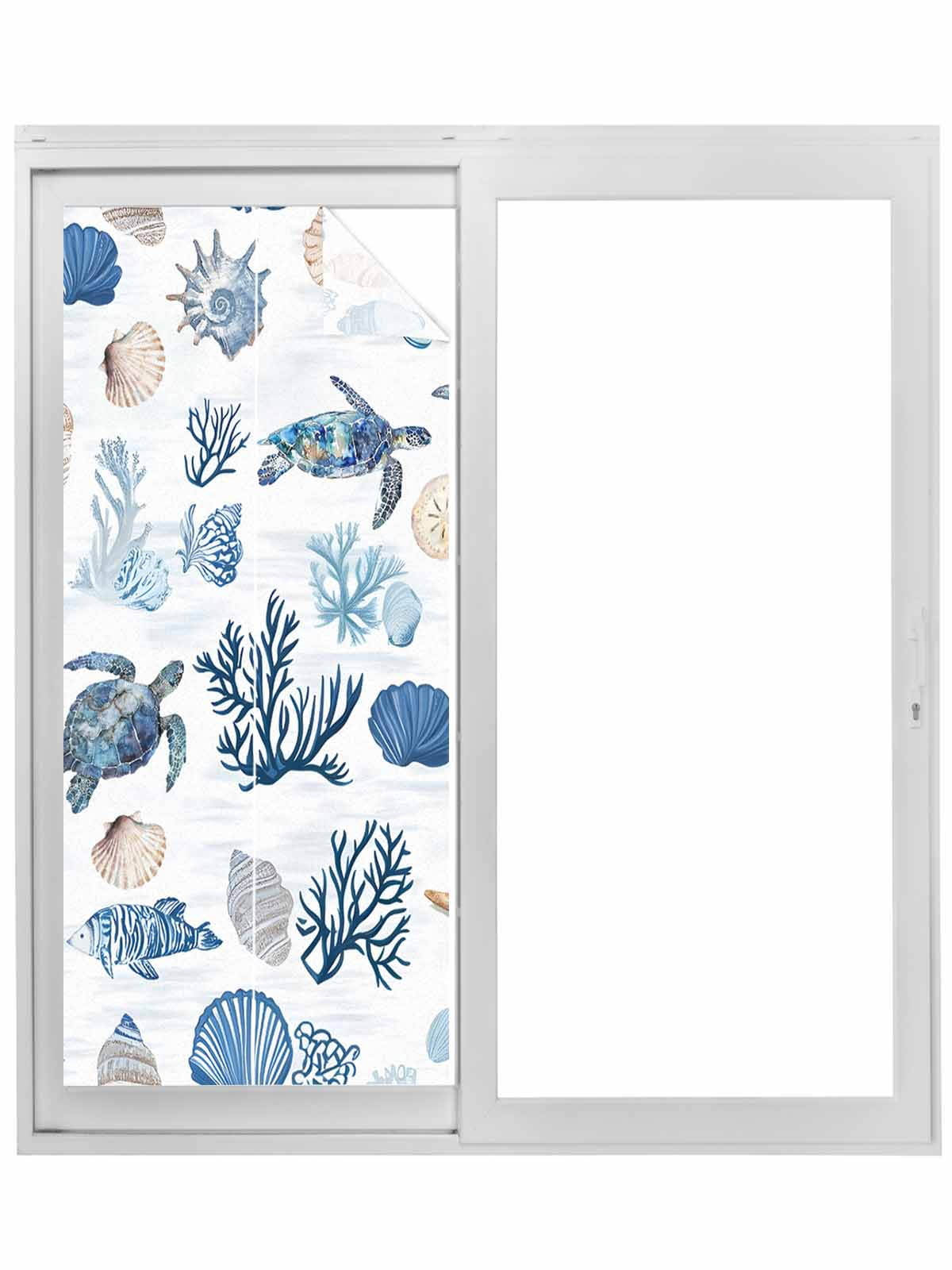 Blue Coastal Window Privacy Film, Starfish Sea Turtle Coral Nautical ...