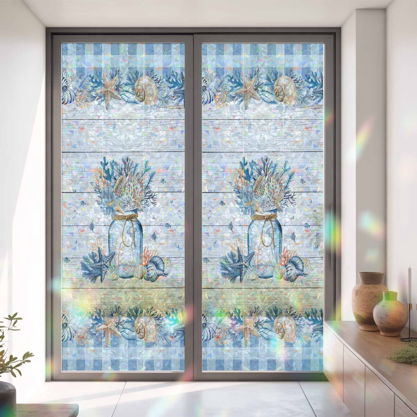 Blue Coastal Window Privacy Film Summer Beach Coral Starfish Wood Grain ...