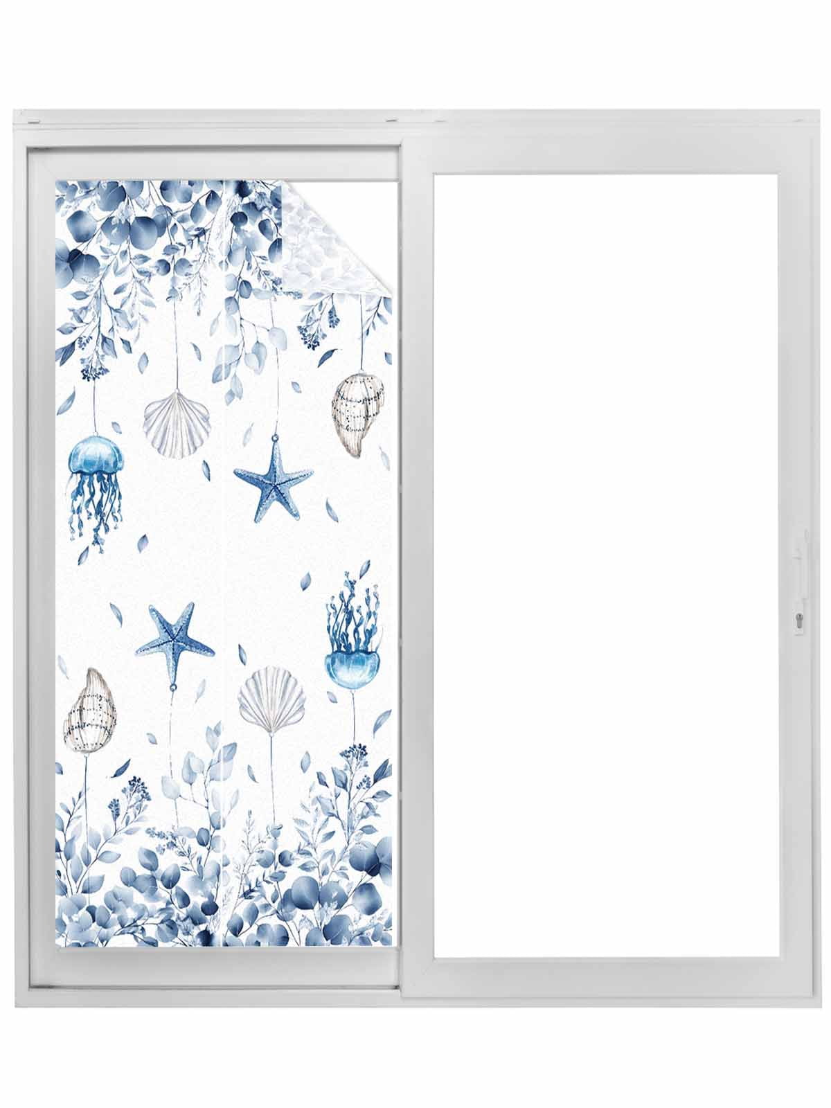 Blue Coastal Window Privacy Film, Summer Eucalyptus Leaves Beach Ocean ...