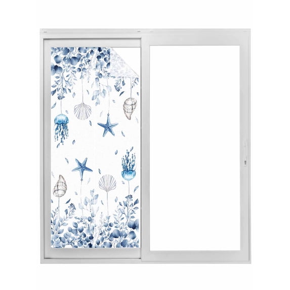 Blue Coastal Window Privacy Film, Summer Eucalyptus Leaves Beach Ocean ...