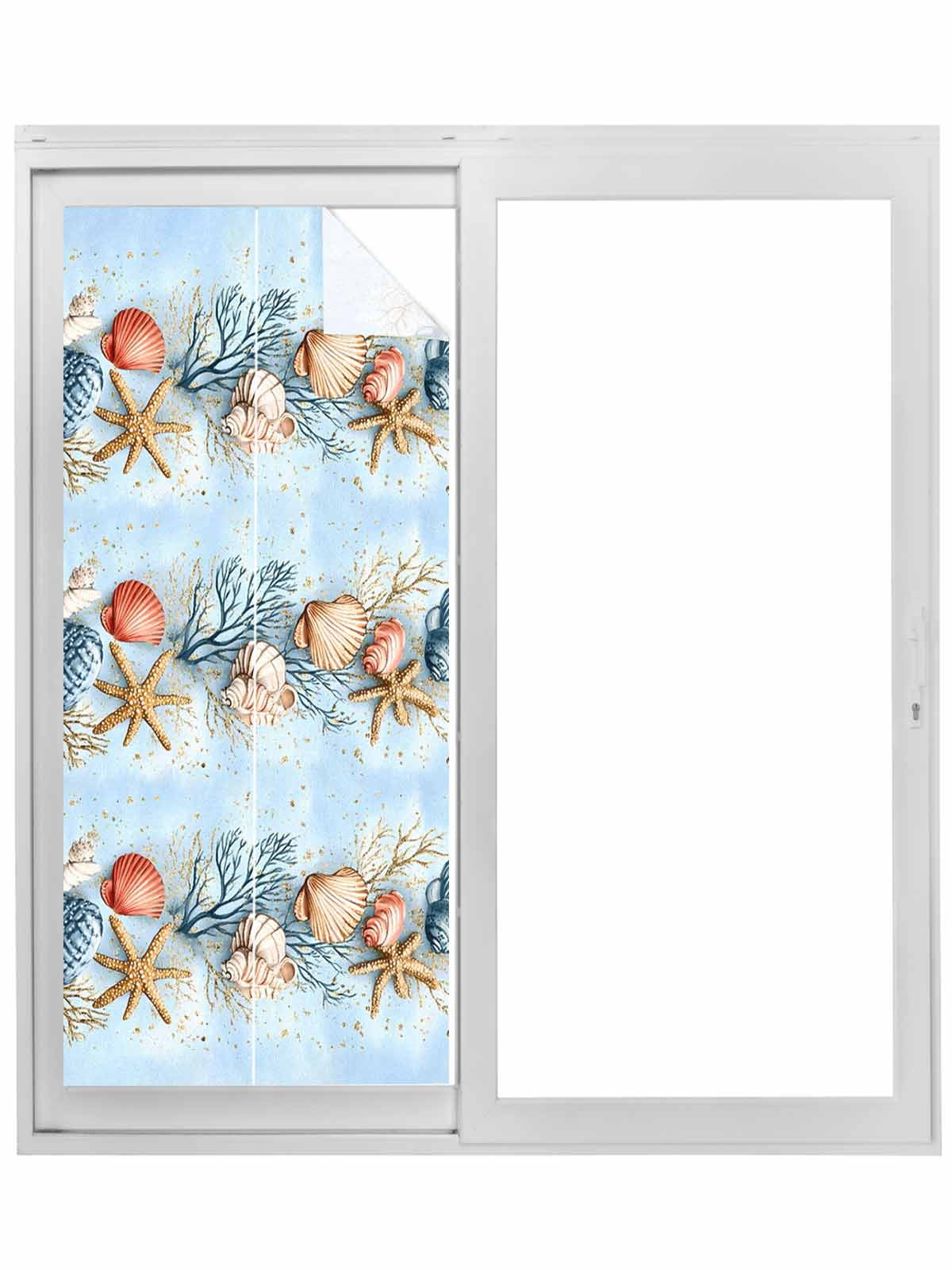 Blue Coastal Window Privacy Film, Summer Nautical Beach Conch Starfish ...