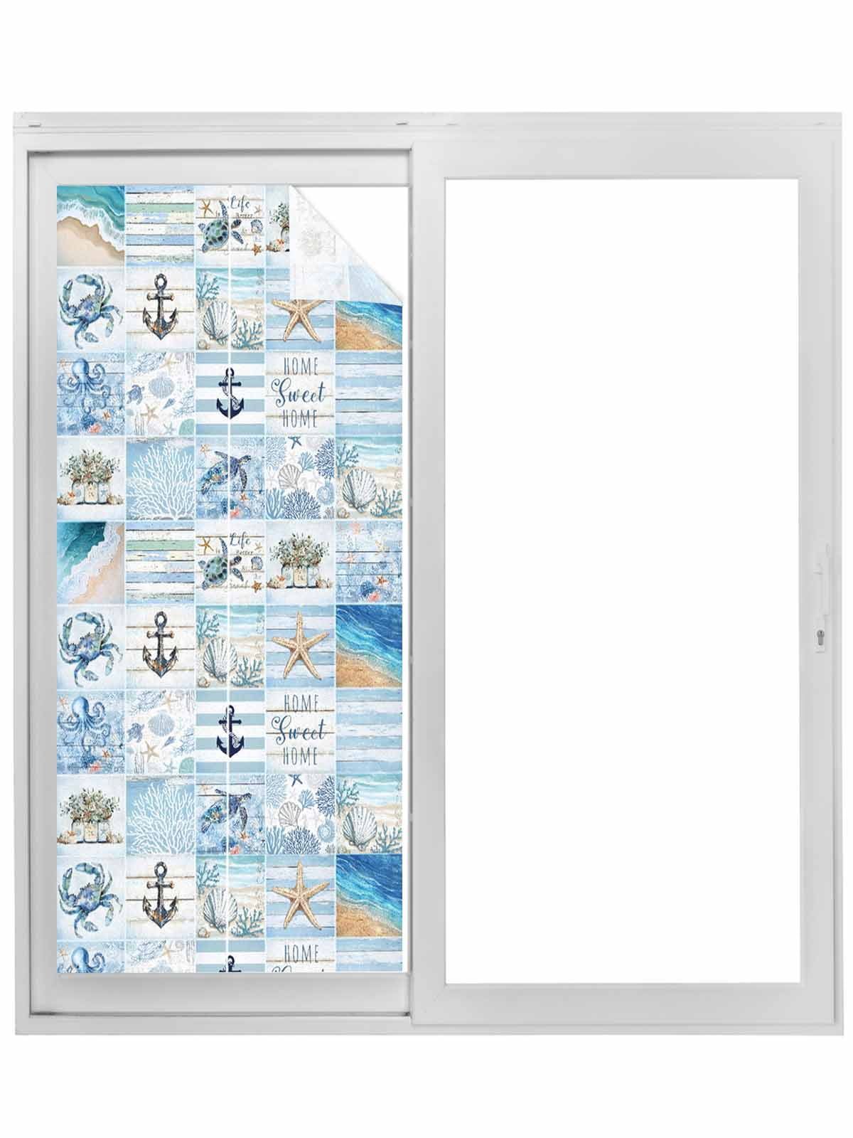 Blue Coastal Window Privacy Film, Turtle Nautical Anchor Octopus ...