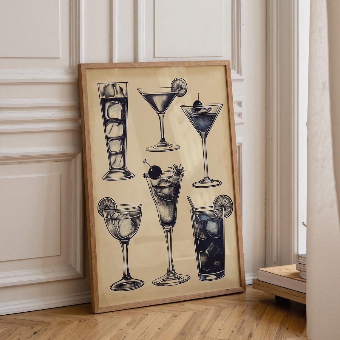 Blue Cocktail Wall Art, Vintage Martini & Bar Glass Illustration ...