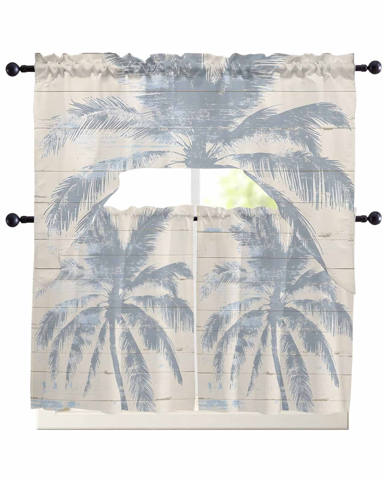 Blue Coconut Tree Kitchen Curtains Sets 36 Inch Length with Valance ...