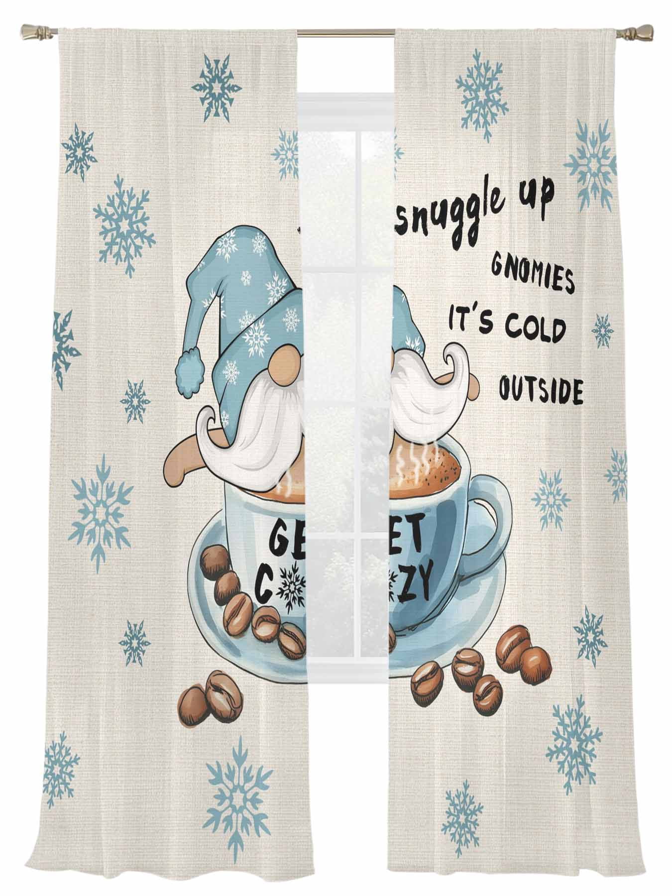 Blue Coffee Gnomes Sheer Curtains 2 Panels Set Winter Get Cozy ...