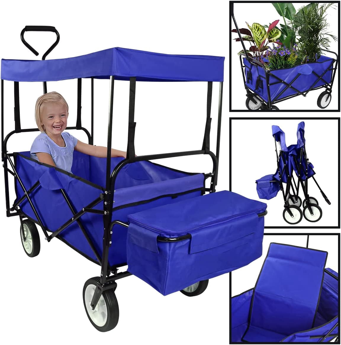 Blue Collapsible Wagon Folding Cart with Canopy Beach Garden Outdoor ...