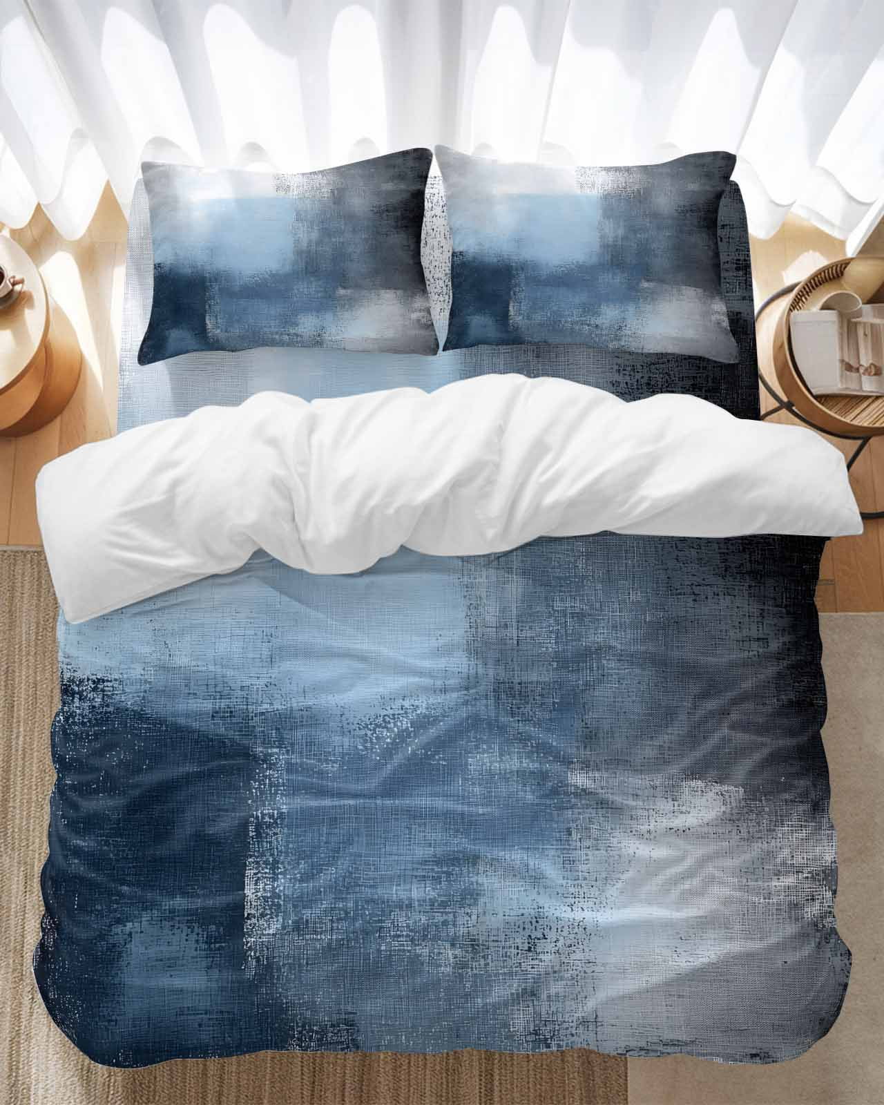 Blue Color Block Bedding Duvet Cover Set Queen Size 4 Pieces Abstract ...
