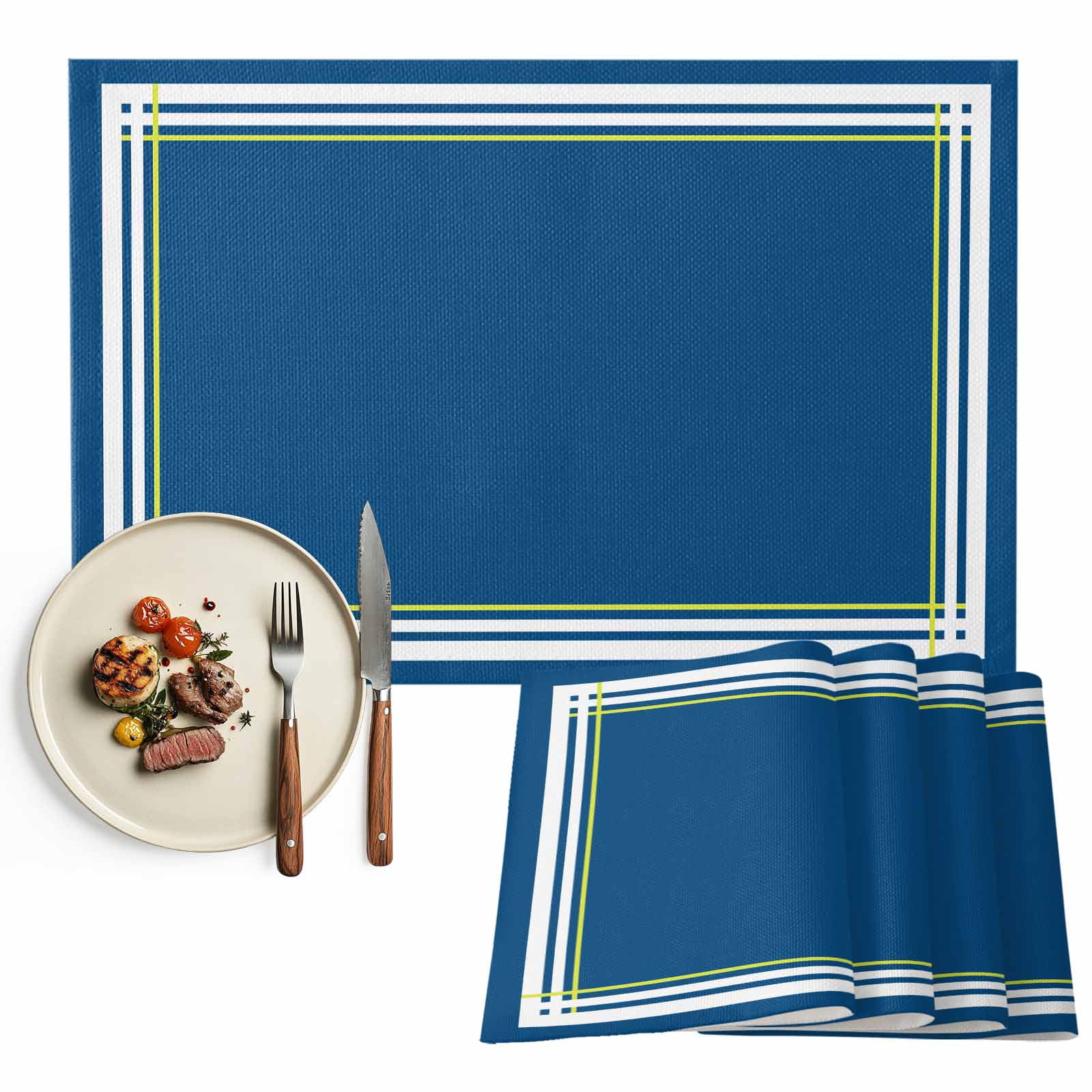 Blue Color Block Placemats Set of 8, Abstract Yellow Lines Table Mats ...