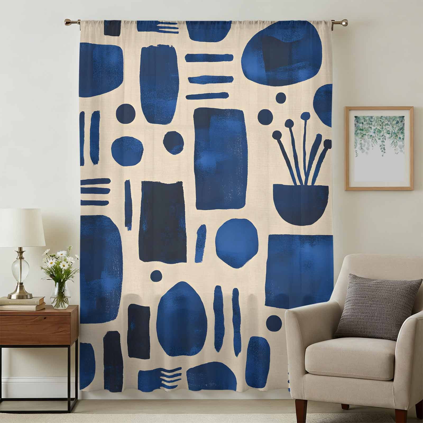 Blue Color Block Sheer Curtains 108 Inches Extra Long, Impressionist ...