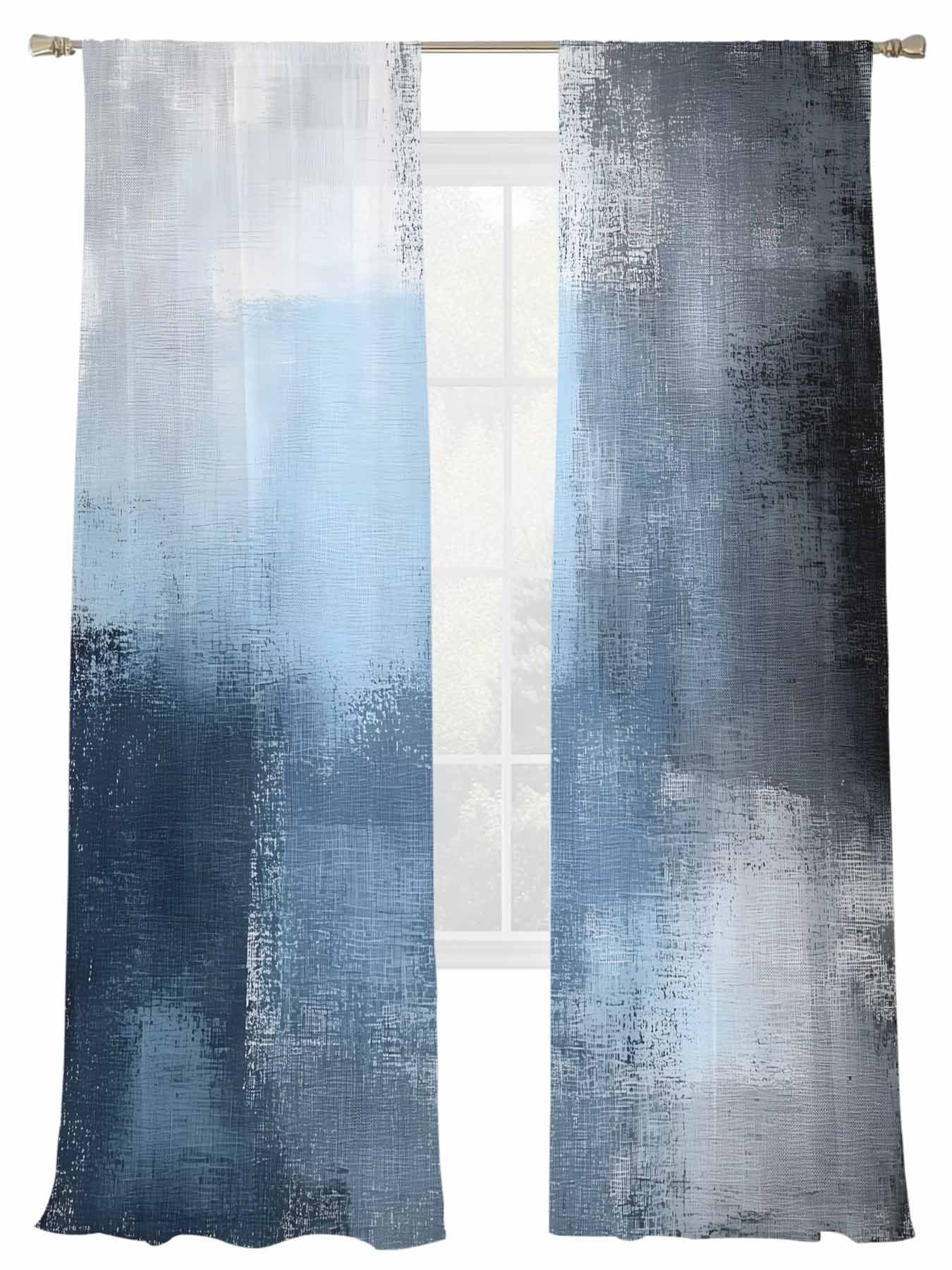 Blue Color Block Sheer Curtains 84 Inch Long 2 Panels, Abstract Shabby ...