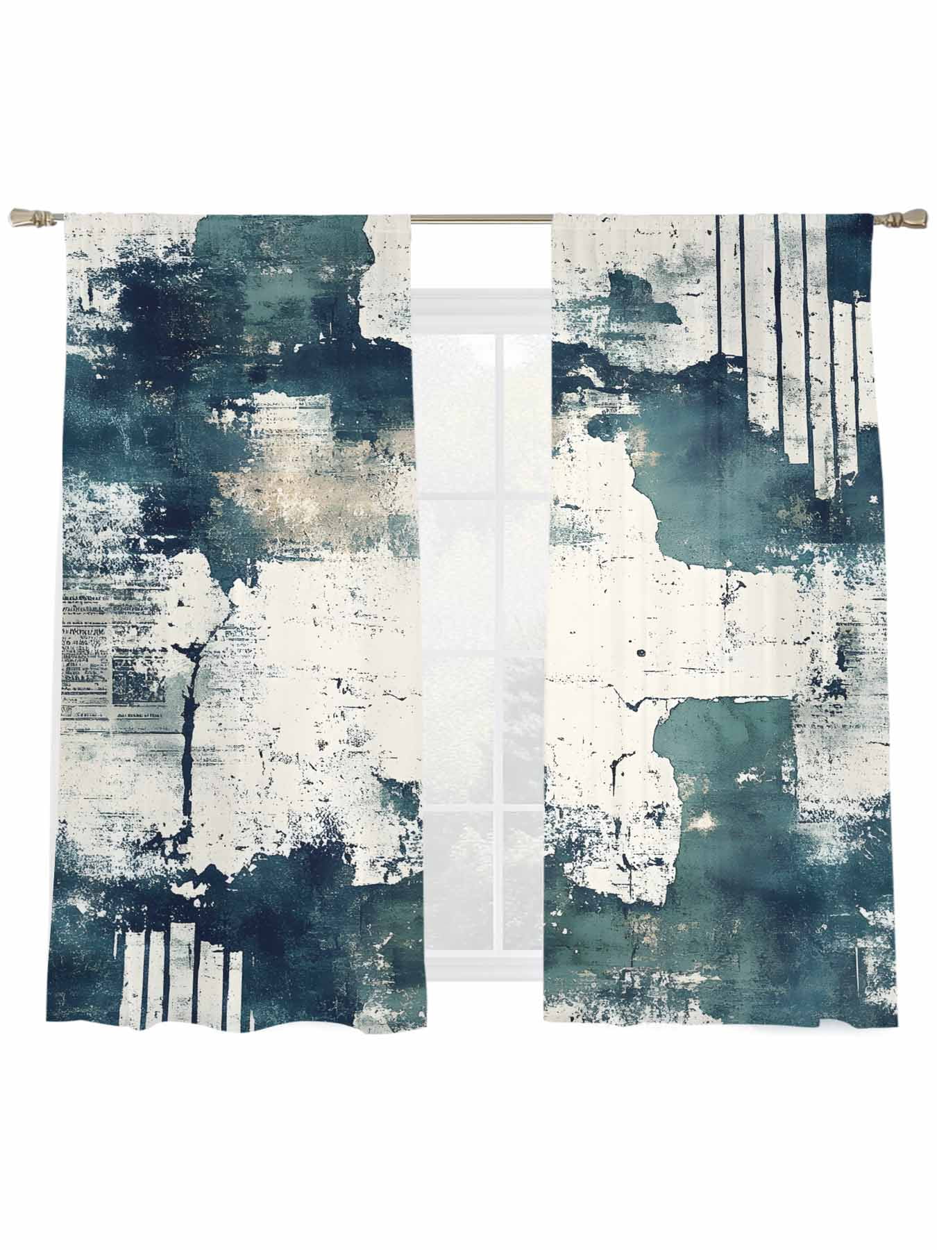 Blue Color Block Sheer Curtains for Living Room Bedroom, Light ...