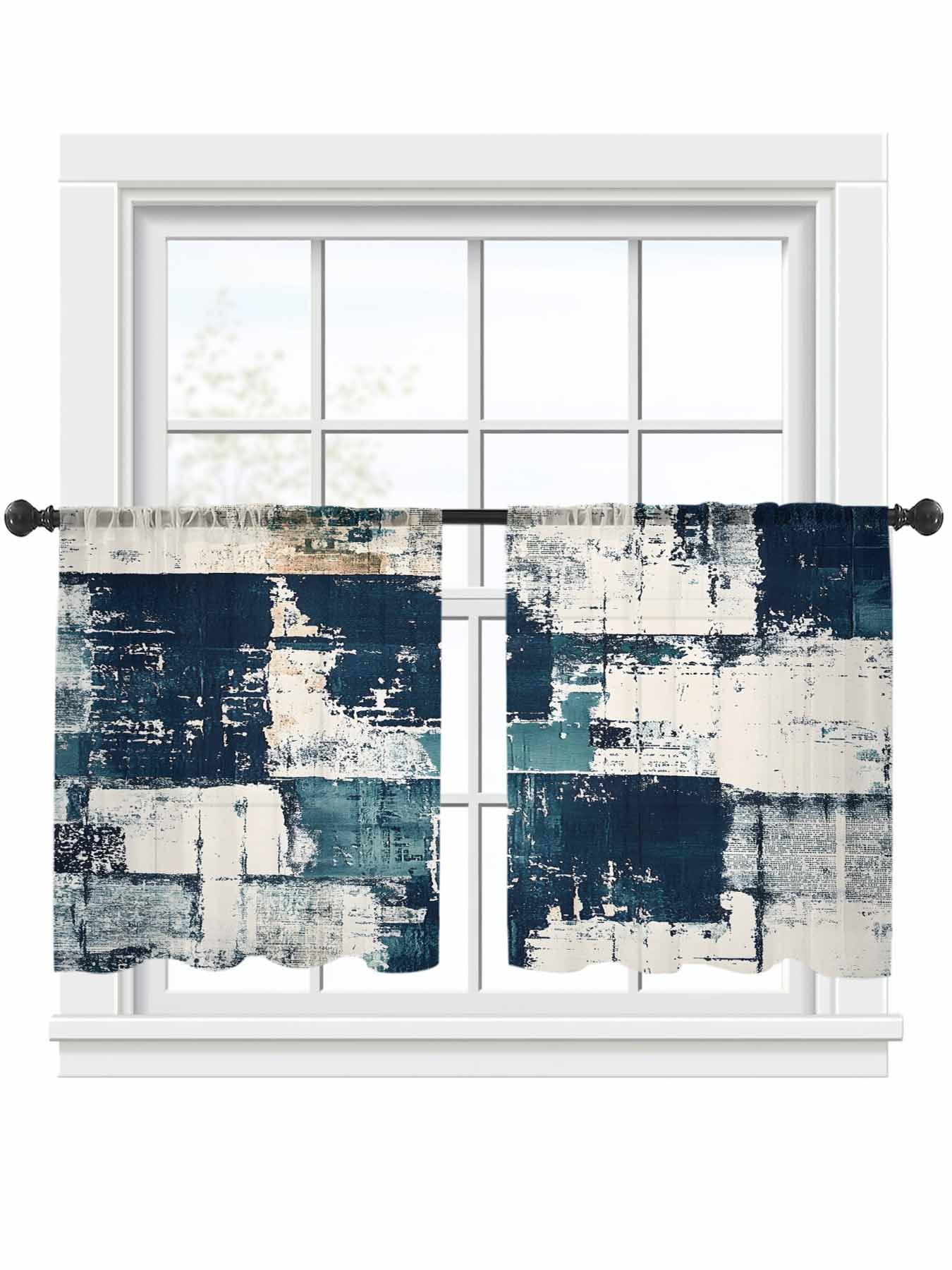 Blue Color Block Sheer Curtains for Living Room Bedroom, Light ...