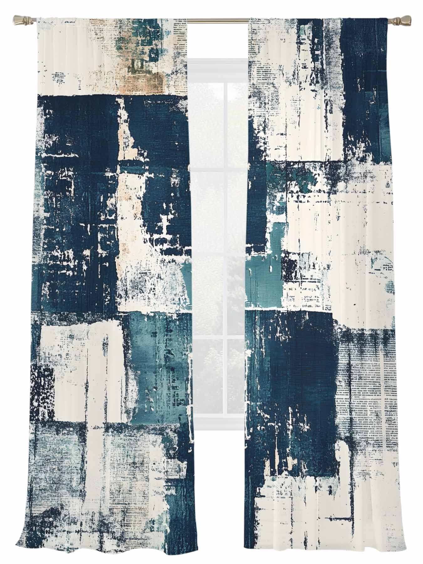 Blue Color Block Sheer Curtains for Living Room Bedroom, Light ...