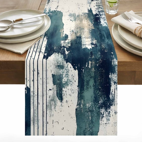 Blue Color Block Table Runner 13x108 inch Abstract Art Vintage Gradient ...
