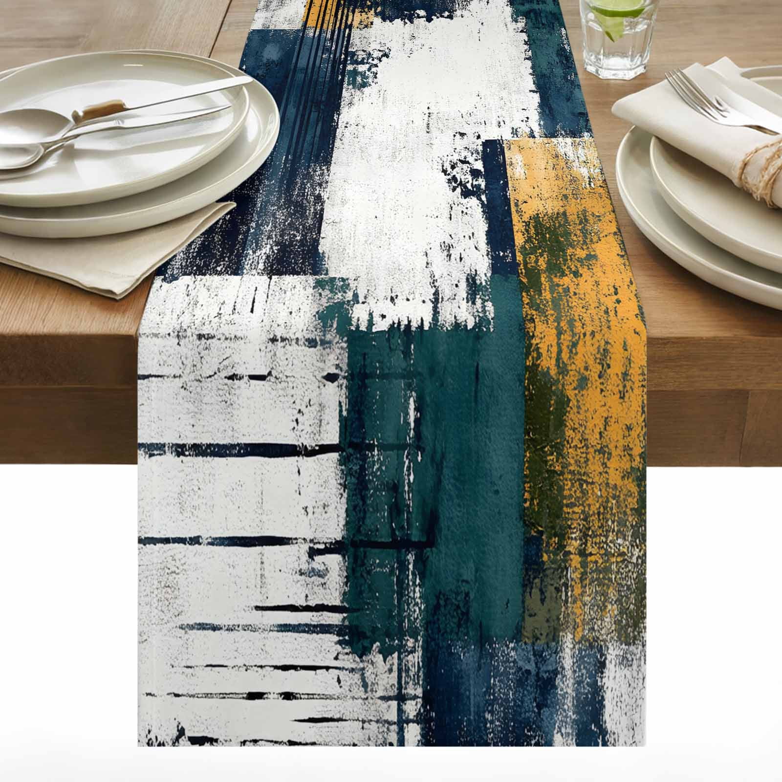 Blue Color Block Table Runner 13x120 inch Abstract Art Vintage Gradient ...