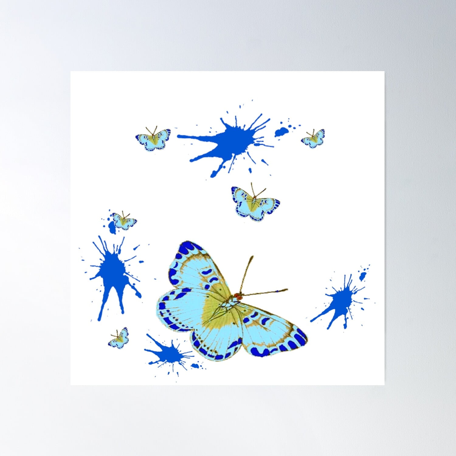 Blue Color Butterfly Ink Pattern Splatters Poster Wall Art, Modern Wall ...
