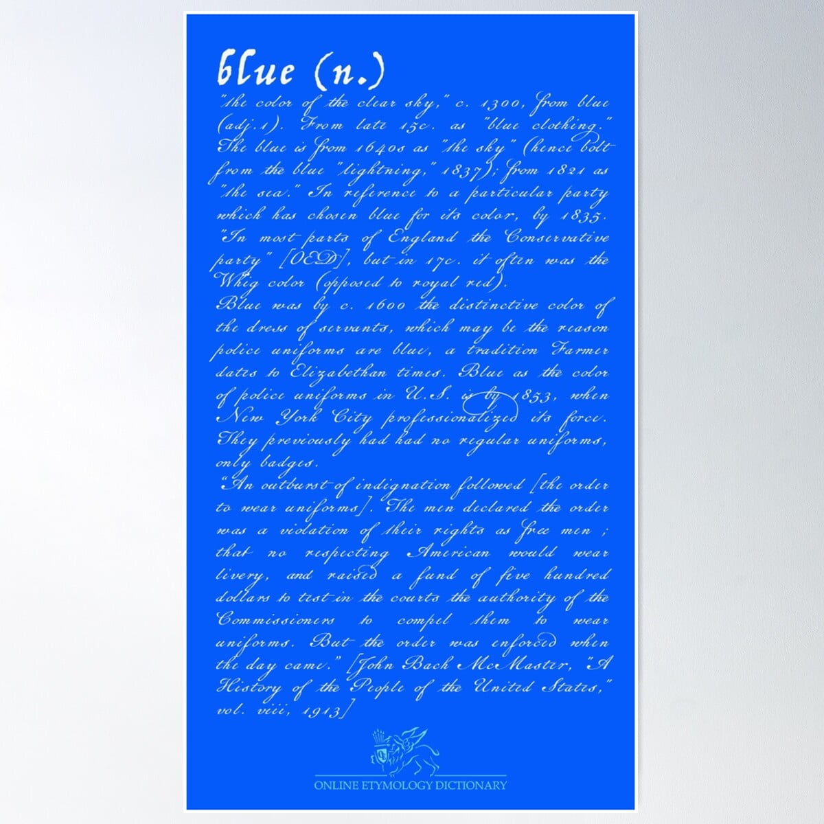 Blue Color Etymology - Etymonline Online Etymology History Poster Wall ...
