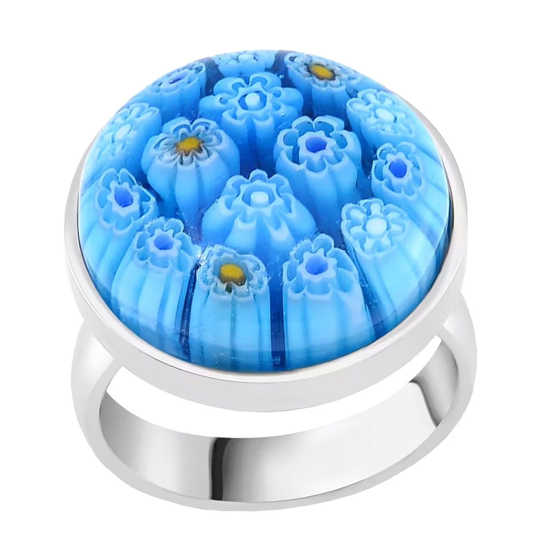Shop LC Blue Murano Style Glass Stainless Steel Flower Ring Cocktail ...