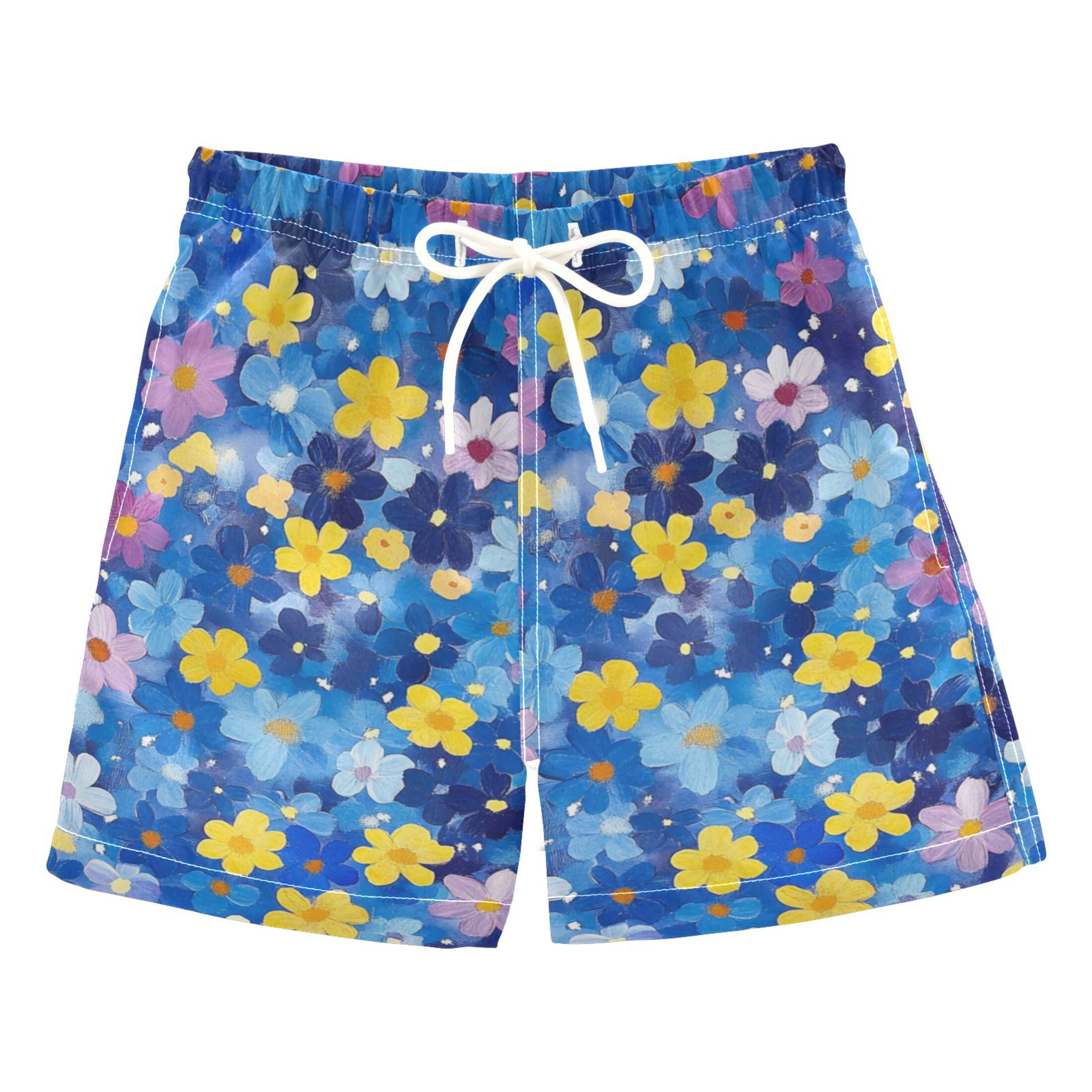 Blue Colorful Flowers Boys Swim Trunks Quick Dry Boy Swim Shorts for 3 ...