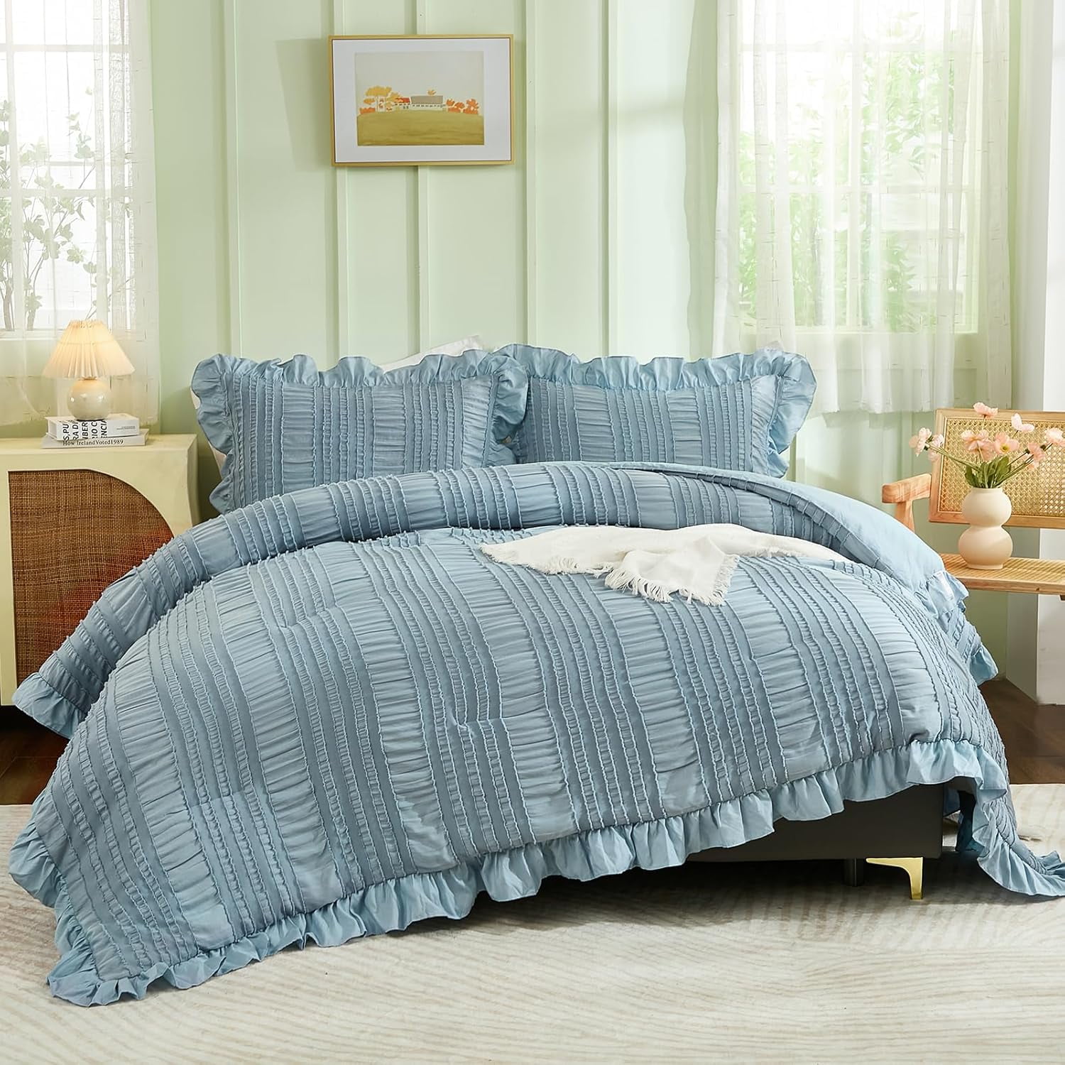 Blue Comforter Set Queen,3 Pieces Ruffle Farmhouse Shabby Chic Boho ...