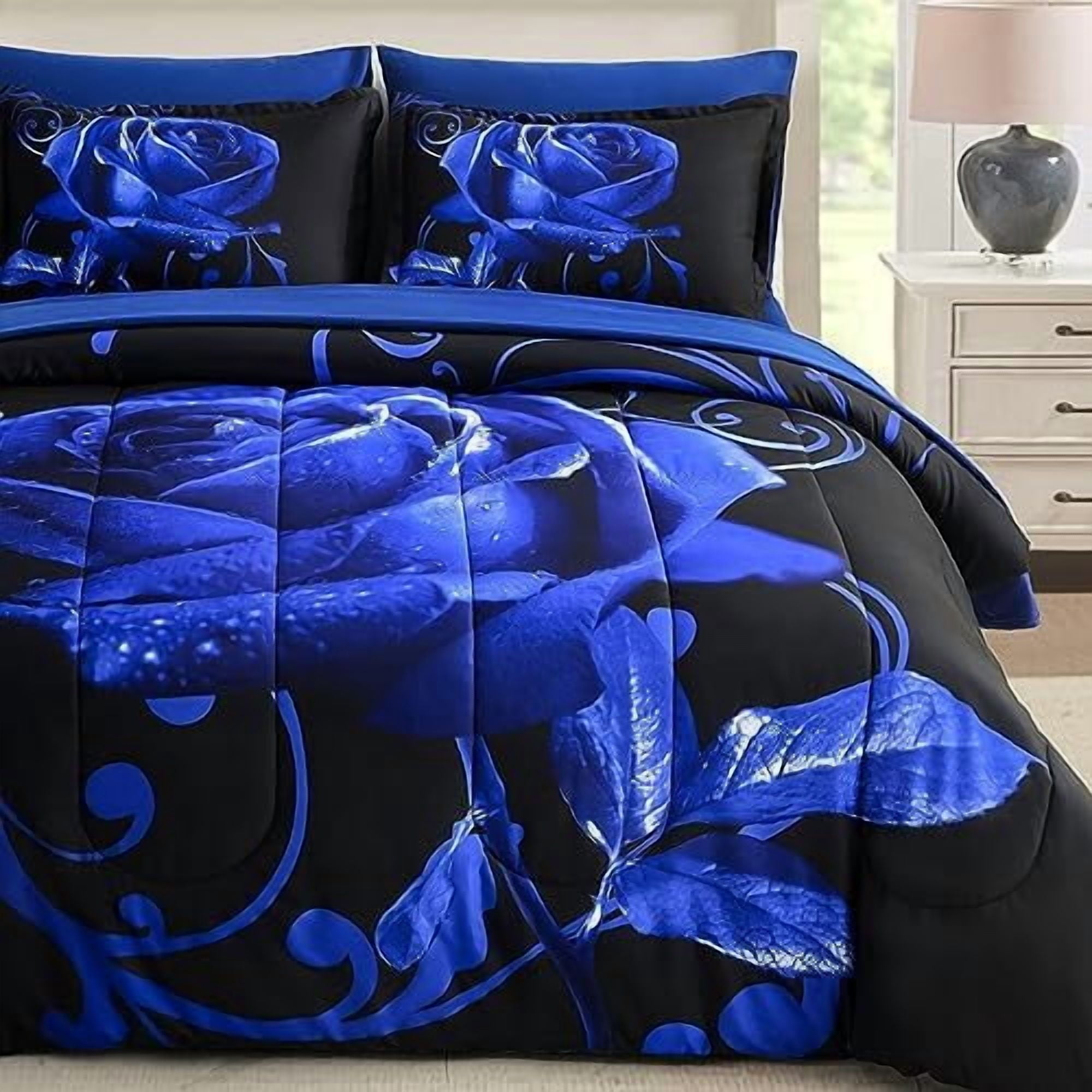 Blue Comforter Set Queen 7 Pieces, Rose Pattern Bed in a Bag ...