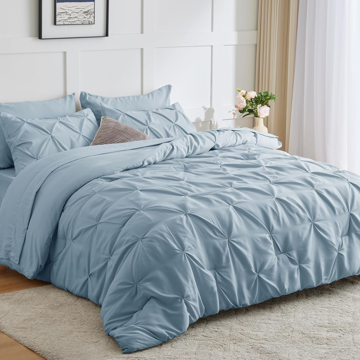 Blue Comforter Set Queen 7 Pieces Soft Pintuck Light Blue Comforter (88 ...
