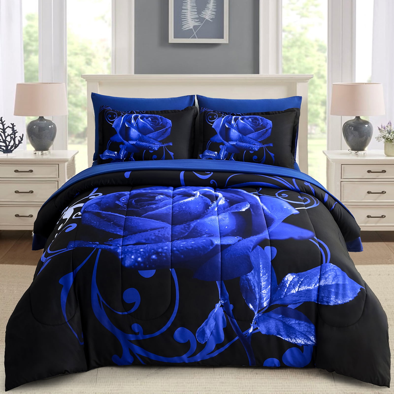 Blue Rose Bed in a Bag Queen Size,Bedding Set 7Pcs Soft Comforter Set ...