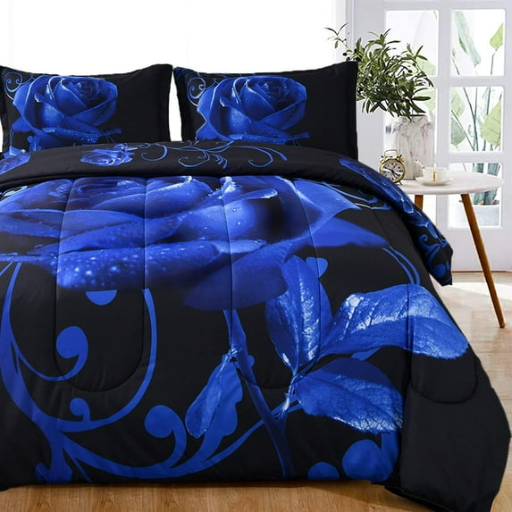 Blue Comforter Set Reversible Blue Rose Printed Comforter Set with 2 ...