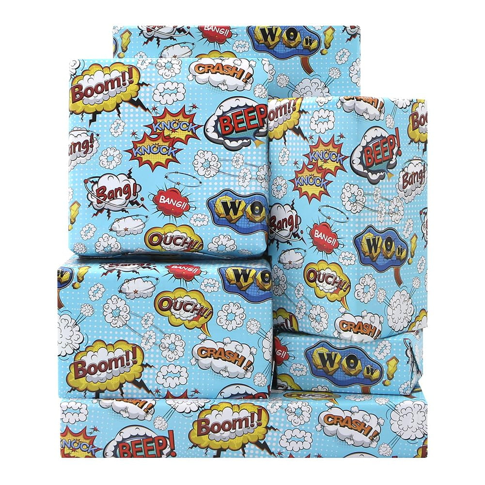 Blue Comic Book Wrapping MMF7 Paper for Boys Girls BOOM WOW BEEP BANG ...