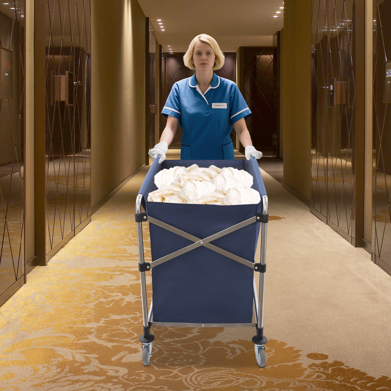 Blue Commercial Laundry Cart With 4 Wheels Folding Laundry Cart Large ...