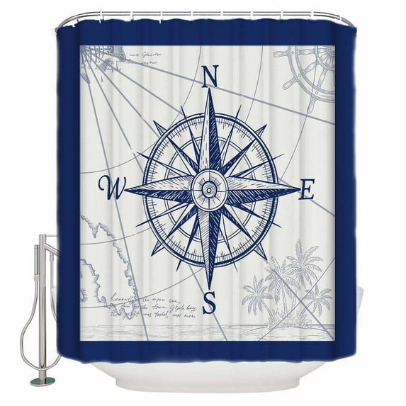 Blue Compass Nautical Bathroom Shower Curtains with 12 Hooks Polyester ...