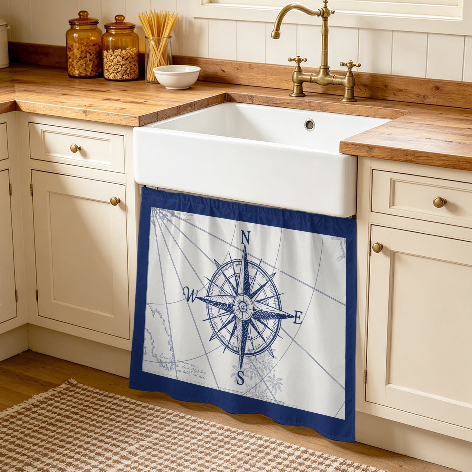 Blue Compass Nautical Cabinet Curtains 35"W x 35"L, Coastal Abstract ...