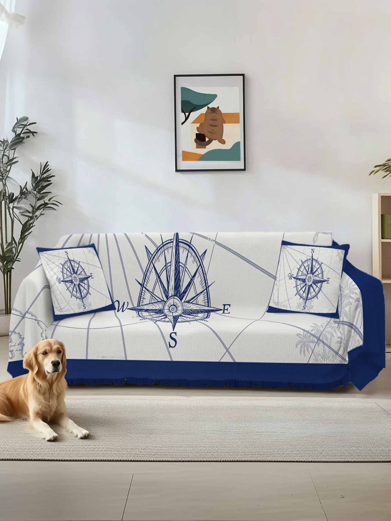 Blue Compass Nautical Couch Cover for 2 Cushion Couch, Coastal Abstract ...