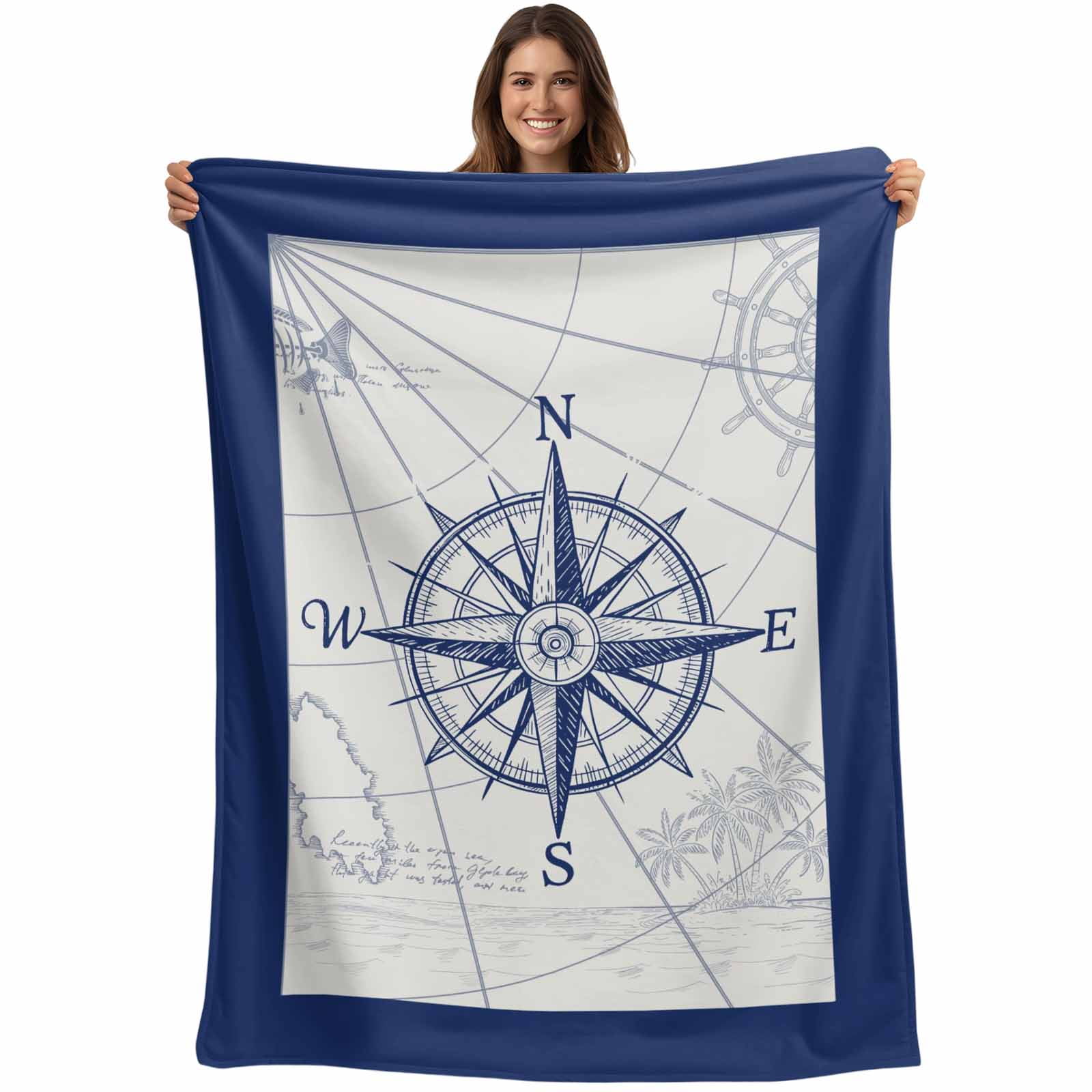 Blue Compass Nautical Flannel Throw Blanket for Couch,Lightweight ...