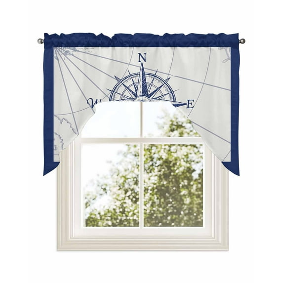 Blue Compass Nautical Kitchen Swag Valance for Window, Rod Pocket Short ...