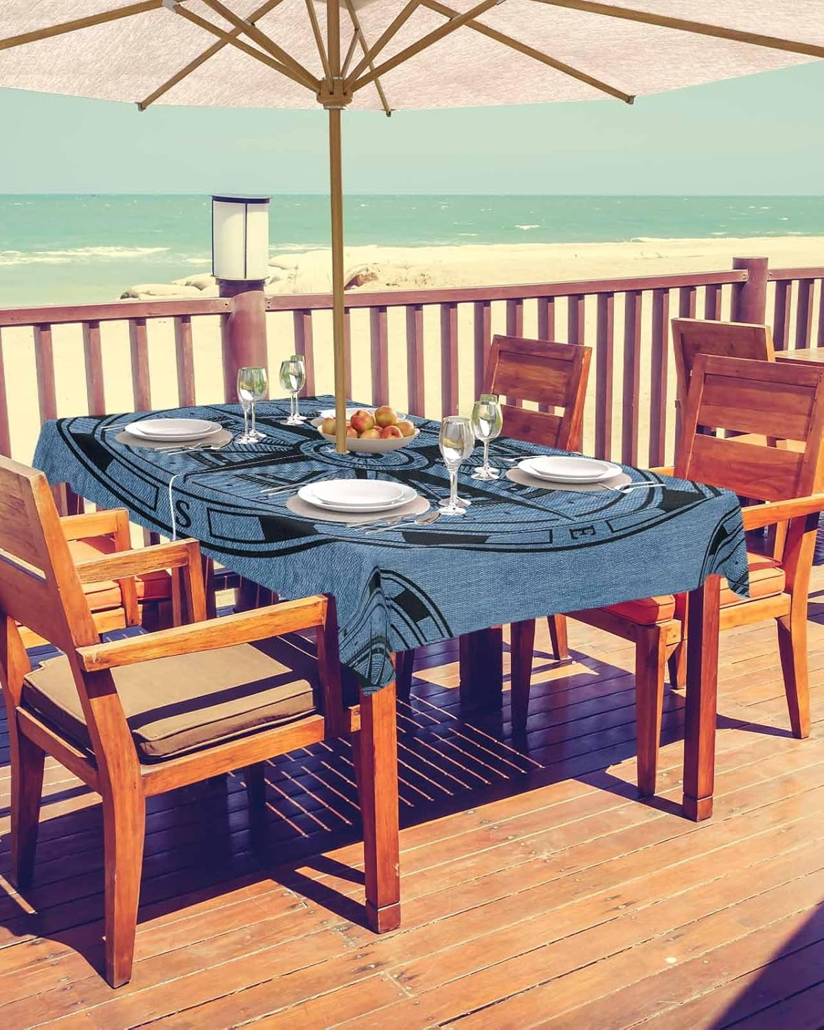 Blue Compass Nautical Outdoor Tablecloth - 54 Inch Round Dining Table ...