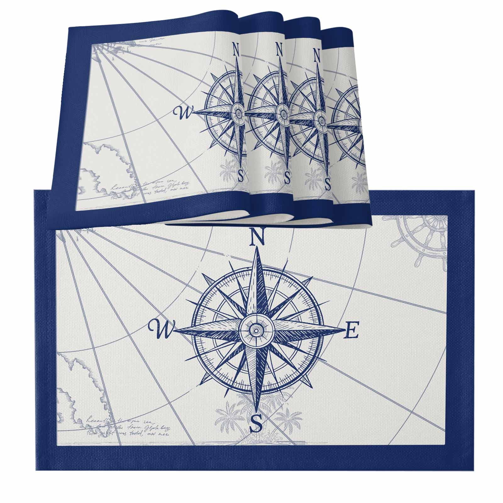 Blue Compass Nautical Placemats for Dinning Table Set of 4, Coastal ...
