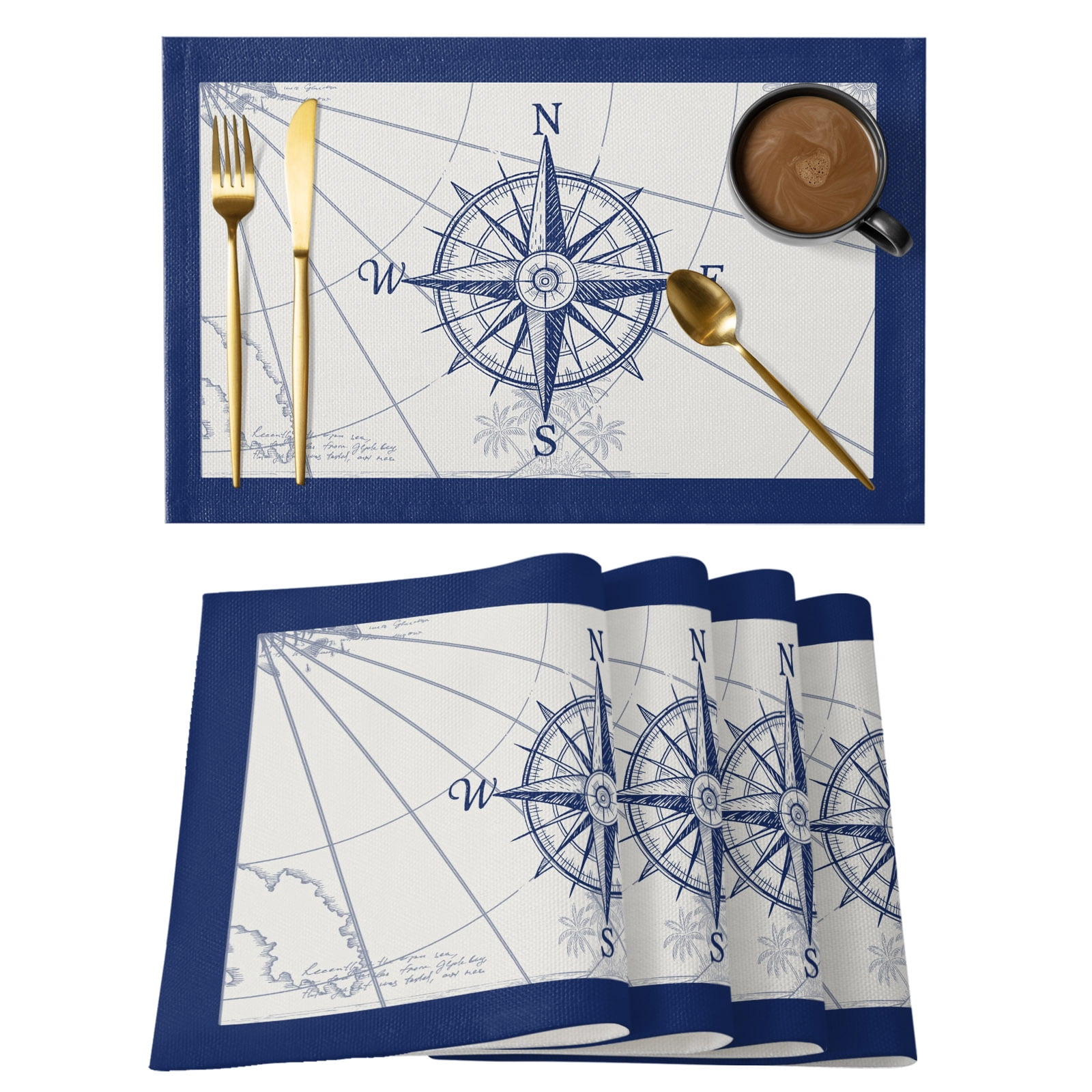 Blue Compass Nautical Placemats Set of 8, Cotton Linen Fabric Place ...