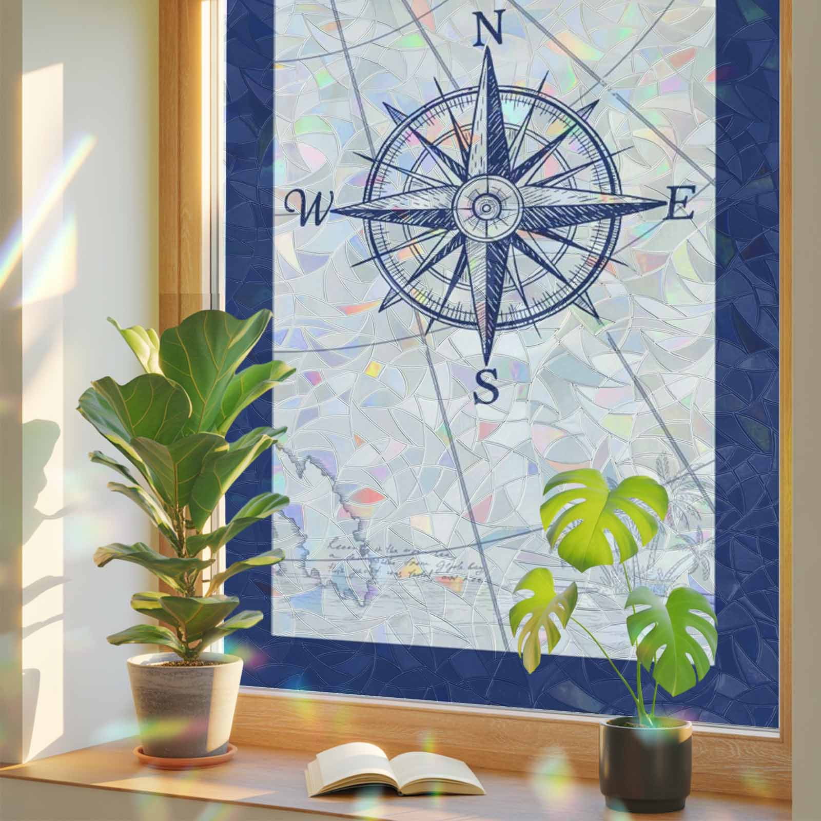 Blue Compass Nautical Privacy Window Film, Decorative Stained Glass ...