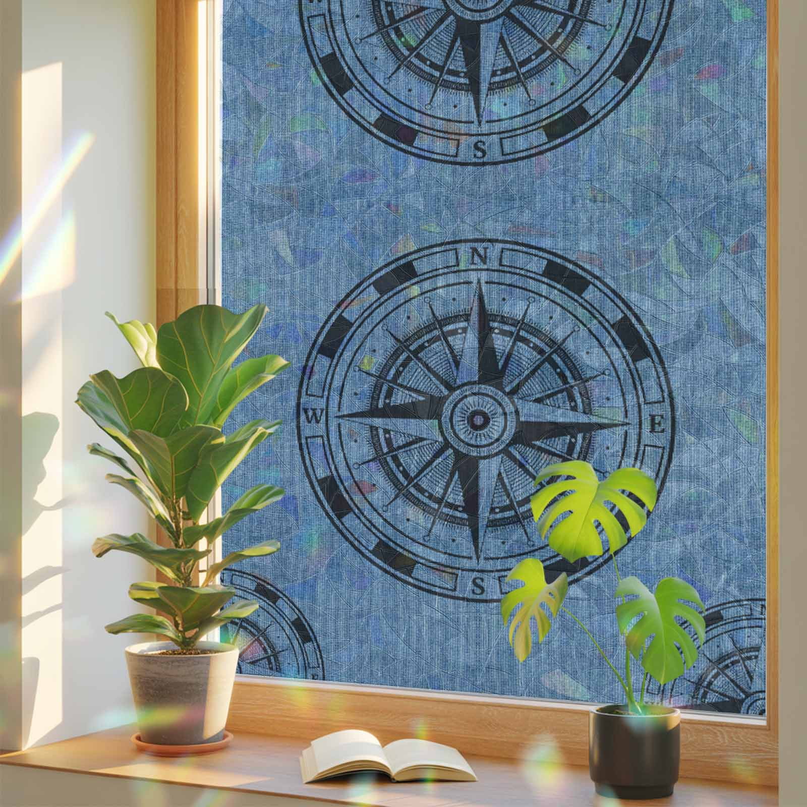 Blue Compass Nautical Privacy Window Film, Decorative Stained Glass ...