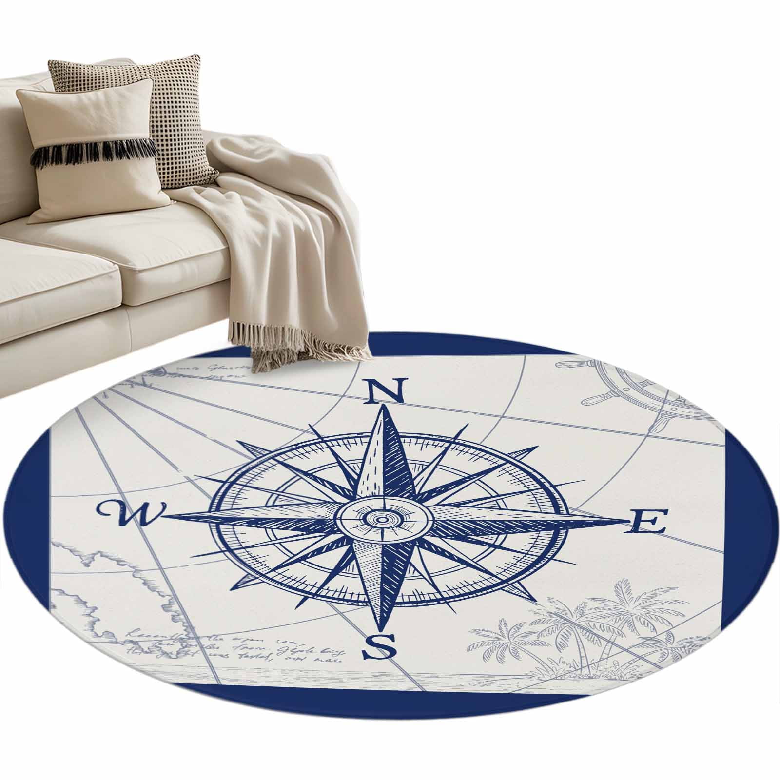 Blue Compass Nautical Round Area Rug 4ft, Coastal Abstract Art Retro ...