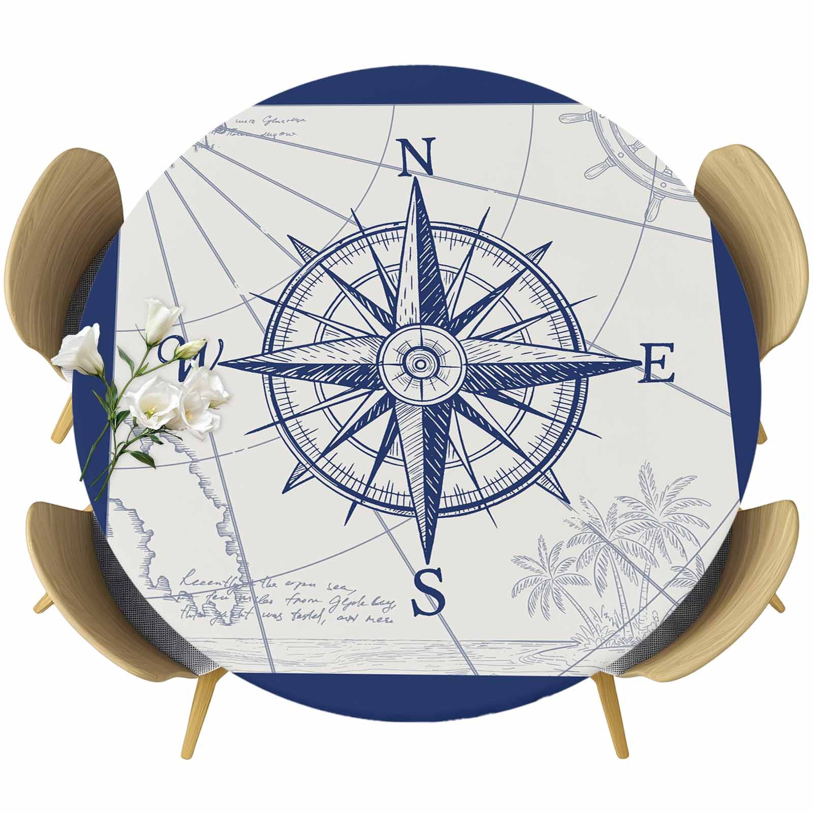 Blue Compass Nautical Round Tablecloth, Fitted Table Cover with Elastic ...