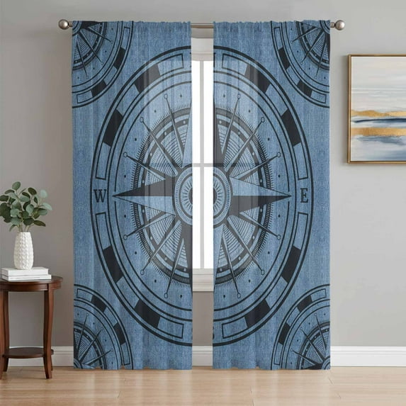 Blue Compass Nautical Semi Sheer Curtains 63 Inch Length 2 Panels Set ...