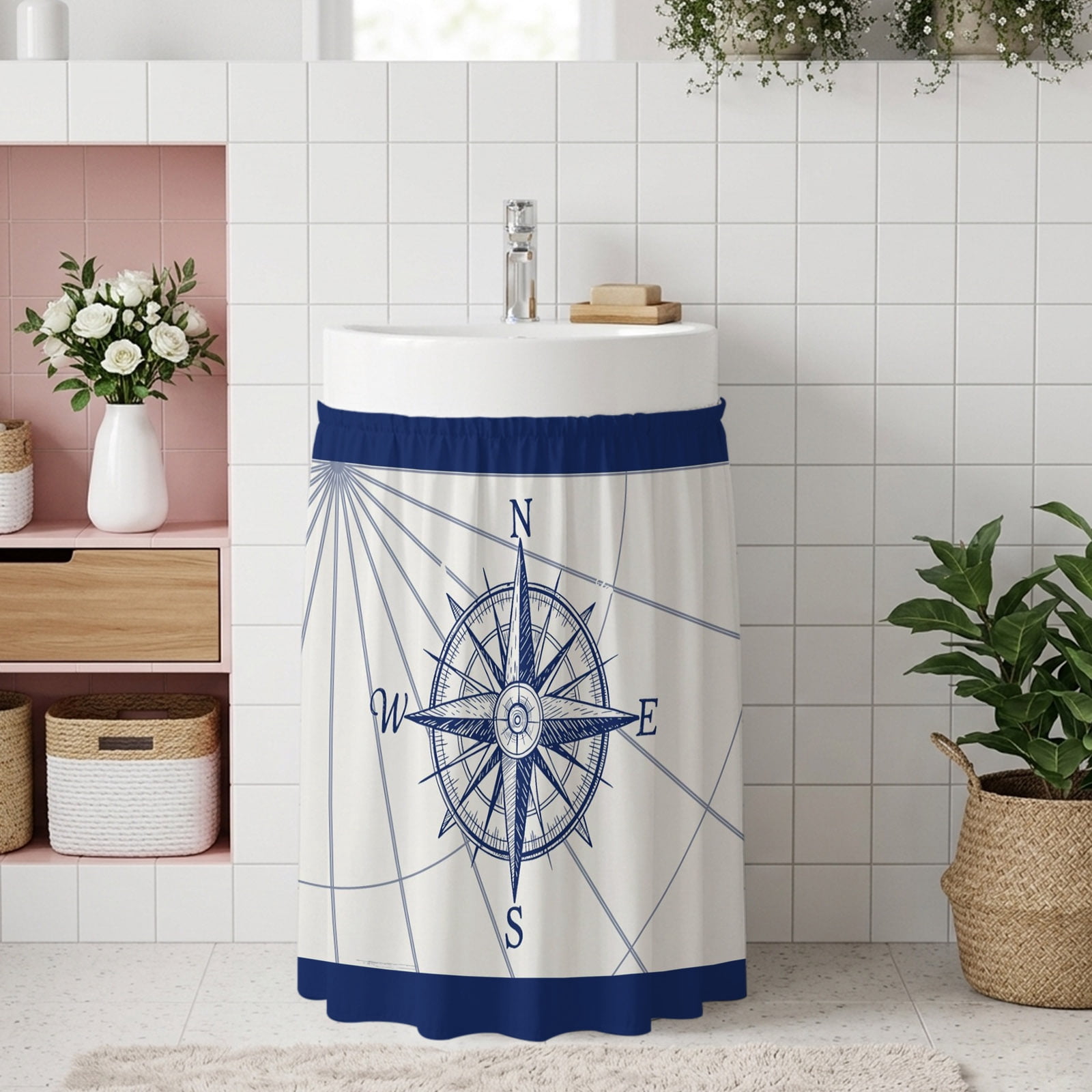 Blue Compass Nautical Small Cabinet Curtain 11''x13'', Coastal Abstract ...