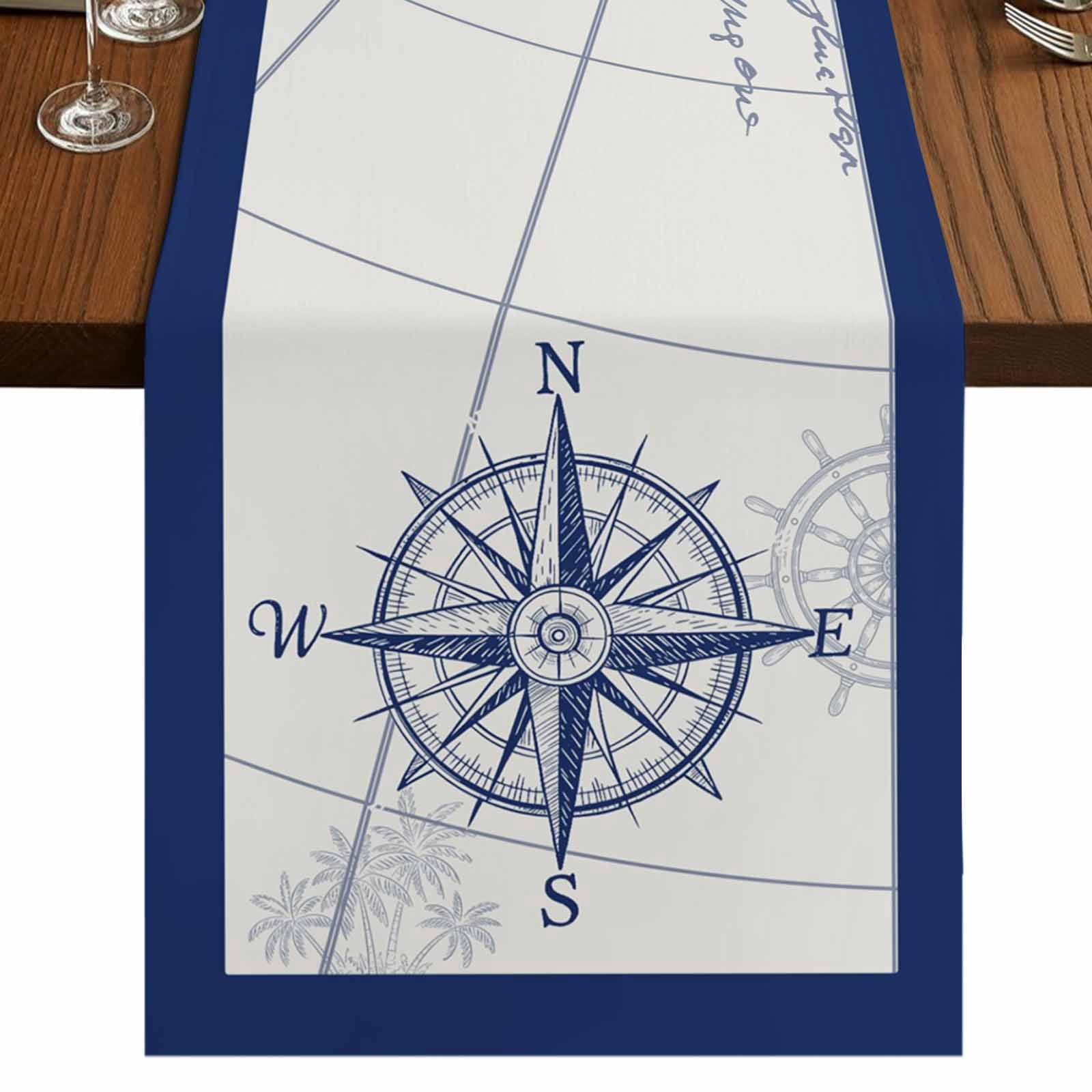 Blue Compass Nautical Table Runner 120 Inches Long,Coastal Abstract Art ...