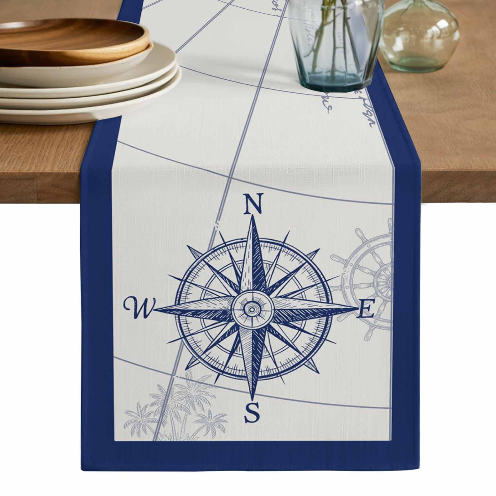 Blue Compass Nautical Table Runner, Coastal Abstract Art Retro Washable ...