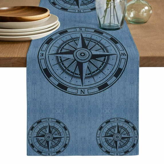 Blue Compass Nautical Table Runner, Coastal Vintage Washable Cotton ...